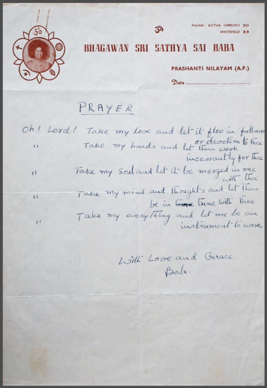 Prayer written by Sathya Sai Baba | Sri Sathya Sai International ...